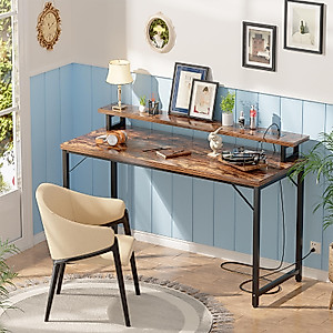 iSunirm 47 inch Computer Desk with Power Outlets, Gaming desk with LED Lights, Home Office Work Desk with Monitor Shelf, Modern Office Desk Study Writing Table for Small Spaces, Rustic Brown