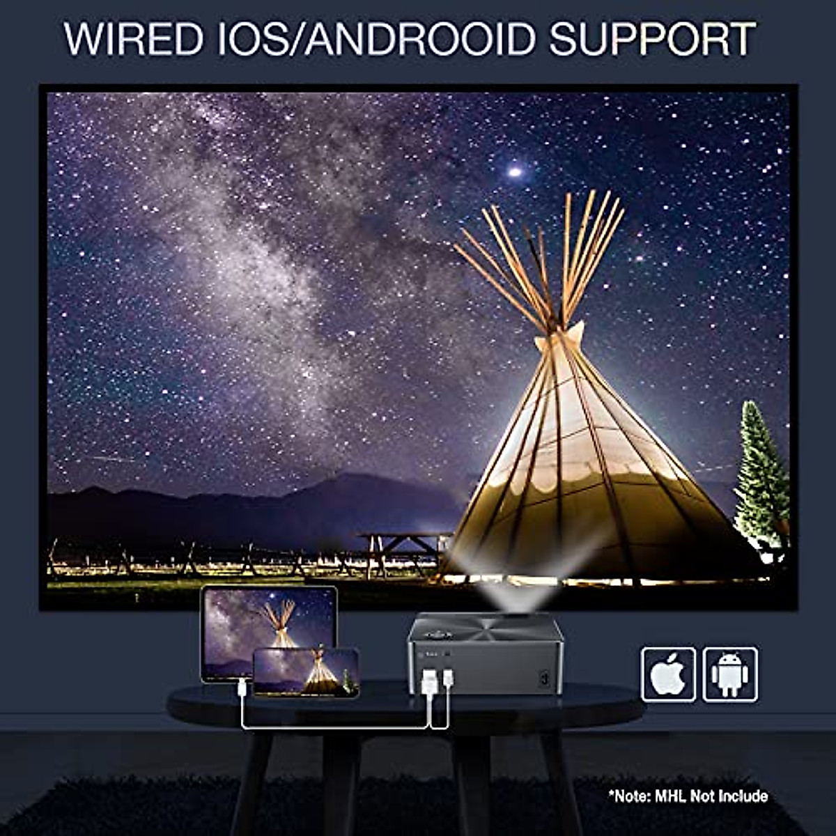 XIAOYA Outdoor Projector, HD Movie Projector Support 1080P, 4000 Lumens Home Theater Projector with HiFi Speaker, Compatible with HDMI, Fire Stick, USB(Black-w2)