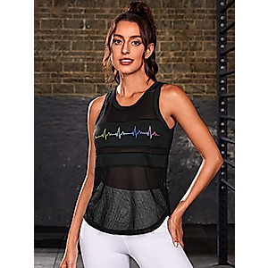 SOLY HUX Women's Mesh Graphic Sports Tank Top Sleeveless Curved Hem Workout Gym Yoga Tops Plain Black S