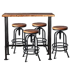 Diwhy 5 Piece Bar Table and Barstool Set Industrial Rectangular Pipe Dining Pub Bar Table Black and Kitchen Counter Height Adjustable Wooden Seat Stool Black(1 Table + 4 Chairs)