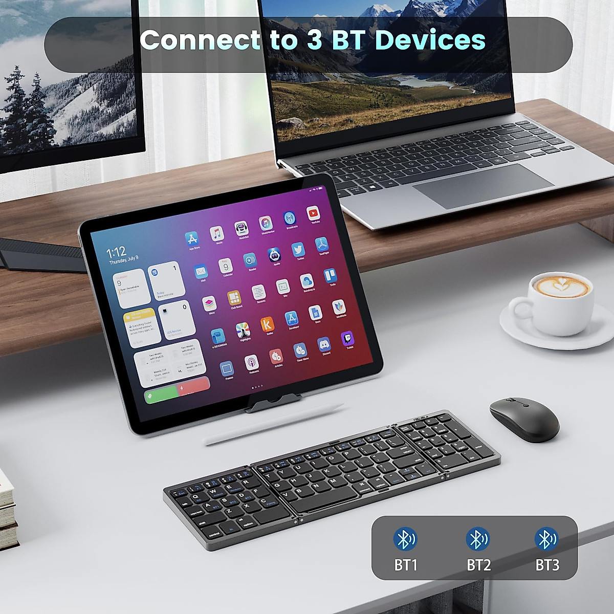Rimyet Foldable Keyboard and Mouse Combo, Portable Travel Keyboard with Numeric Keypad, Bluetooth, Rechargeable, Compatible with Laptop, Tablet, iPad, Sync Up to 3 Devices, Hard Carrying Case