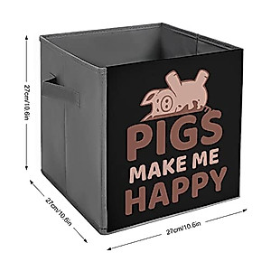 Pigs Make Me Happy PU Leather Collapsible Storage Bins Canvas Cube Organizer Basket with Handles
