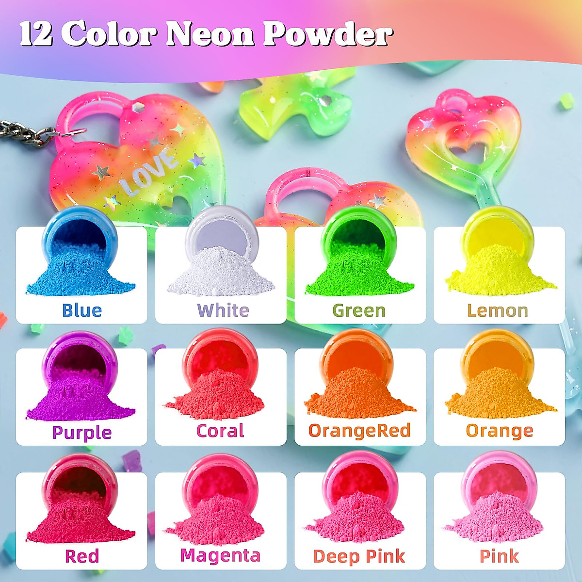 LET'S RESIN Neon Pigment Powder,12Colors Fluorescent Powder,10g/Bottle of Mica Powder for Epoxy Resin,Nail,Tumblers,Soap Making,Slime & Candle,painting, and DIY Crafts