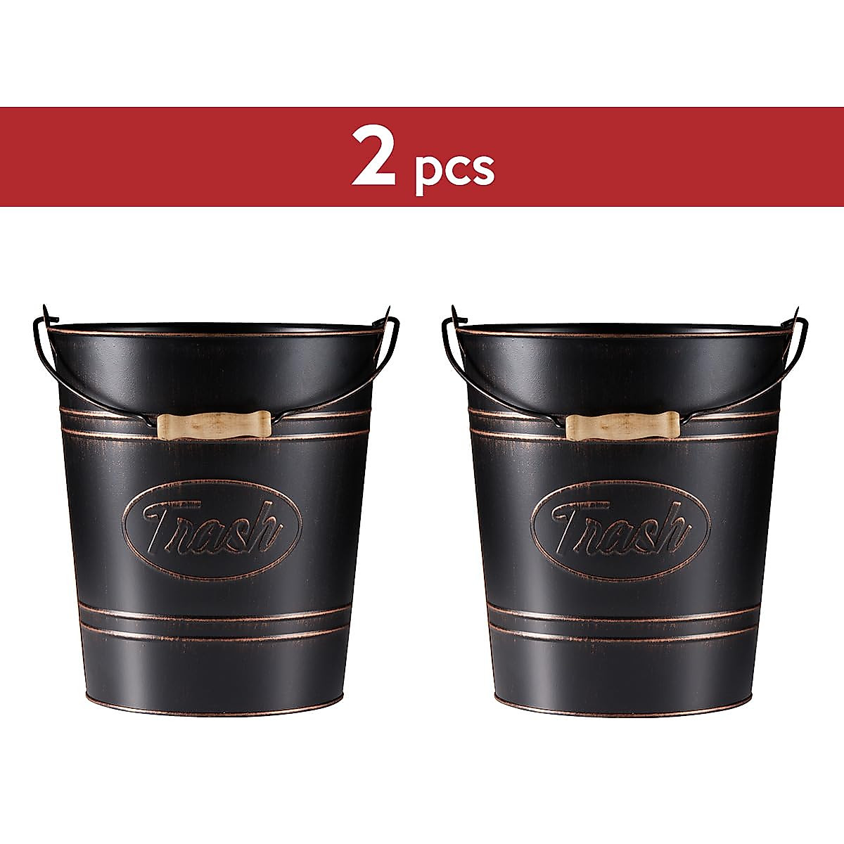 Pack 2, Rustic Farmhouse Bathroom Trash Can, Modern Country Style Galvanized Farm Metal Kitchen Trash Bucket, Large Vintage Waste Basket, Industrial Chic Bucket Garbage Can Bin, Western Garbage Pail