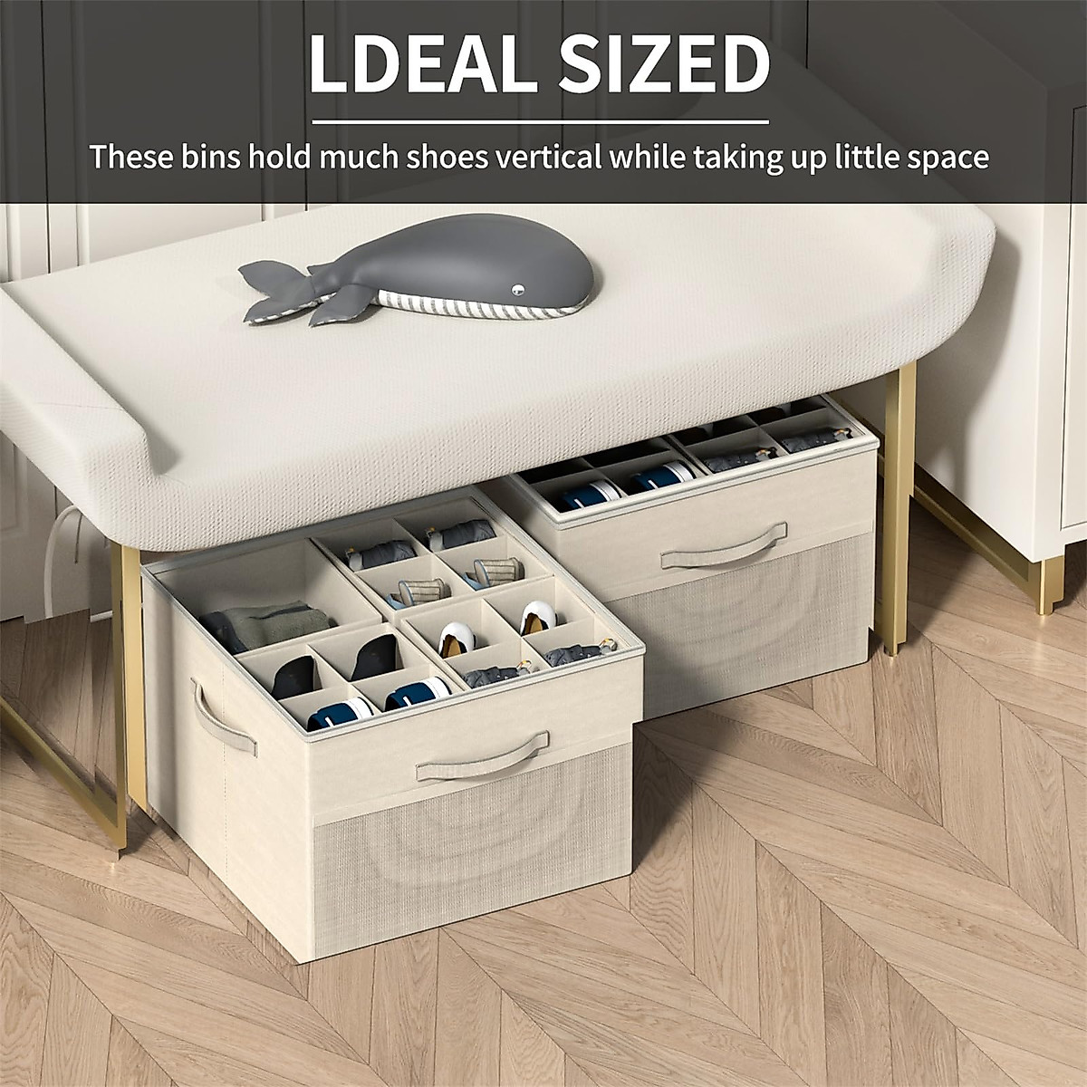 Aokeyee Shoe Organizer for Closet,2 Pack Foldable Shoe Storage Organizer Box Bin w/Adjustable Dividers and Clear Cover, Fits up to 16-32 Pairs, (Beige)