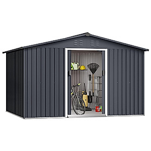 Acekool Outdoor Storage Shed 10x12 Ft & Large Storage Space, Utility Metal Storage Shed with Lockable Sliding Door and Vent, Garden Tool Shed for Organising Tools and Equipment in Yard, Garden, Grey