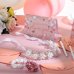 12 Pieces Wedding Flower Girl Proposal Gifts Set, Cosmetic Bag, Flower Girl Headpiece, Satin Scrunchies, Diamond Pens, Flower Girl Proposal Card and Envelope for Wedding, Engagement, Bridal Party