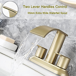 4 inch Centerset Bathroom Faucets Brushed Gold, Stainless Steel Gold Sink Faucet Bathroom with cUPC Supply Lines, Jodulos 2 Handle Waterfall Bathroom Sink Faucet with Pop Up Drain Stopper JU-DE-201-BG