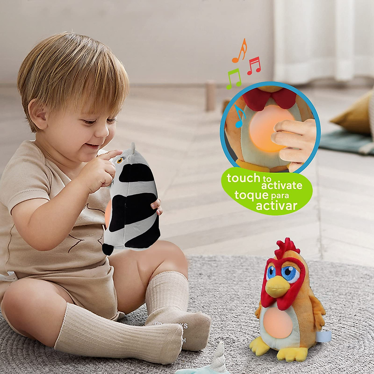TOYMAKER La Granja de Zenon Bartolito Light Up Stuffed Animal Plush Baby Soother Chicken Spanish Toys 6 to 12 Months Crib Soother with Music and Lights for Birthday