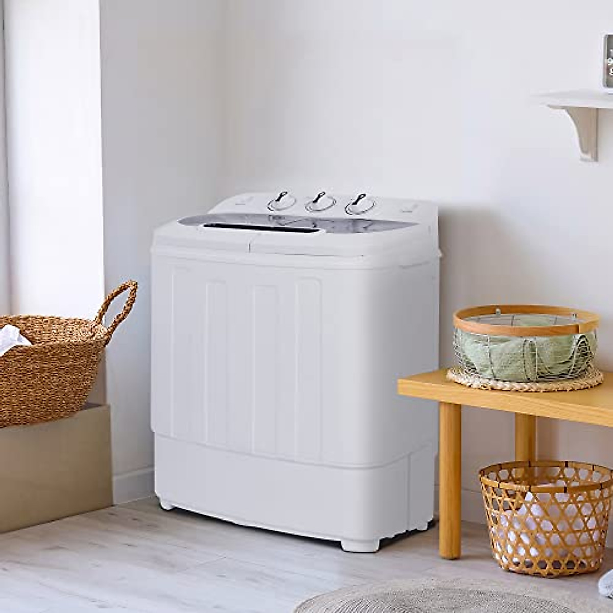 SUPER DEAL Compact Mini Twin Tub Washing Machine, Portable Laundry Washer w/Wash and Spin Cycle Combo, Built-in Gravity Drain, 13lbs Capacity for Camping, Apartments, Dorms, College Rooms, RV’s and more