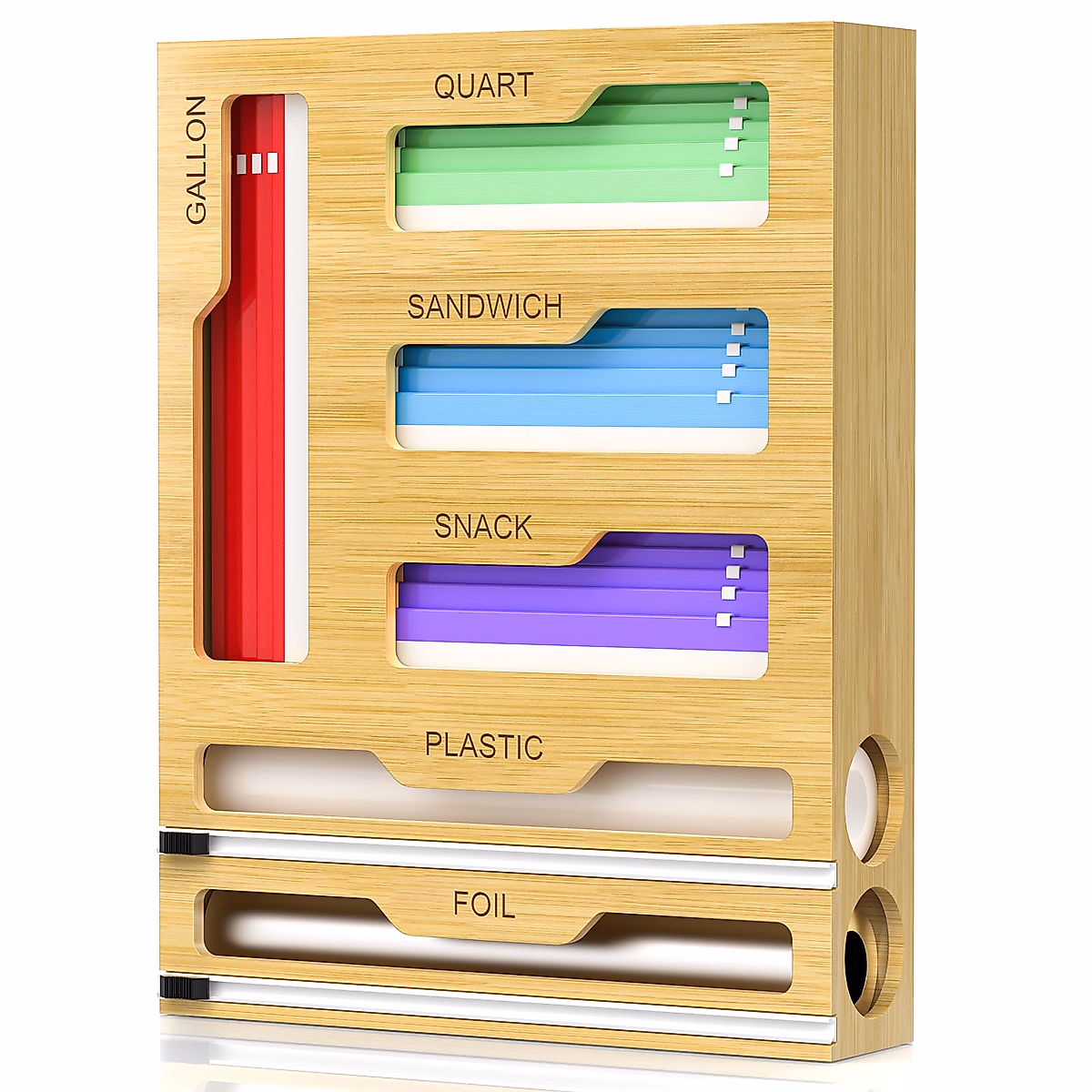 HOSTENU 6 in 1 Storage Bag Organizer for Kitchen Drawer, Bamboo Foil and Plastic Wrap Dispenser with Cutter, Food Baggie Organizer for Drawer, Plastic Bag Organizer for Gallon, Quart, Sandwich, Snack