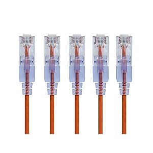 Monoprice SlimRun Cat6A Ethernet Patch Cable - Network Internet Cord - RJ45, Stranded, UTP, Pure Bare Copper Wire, 30AWG, 2 Feet, Orange, 5-Pack