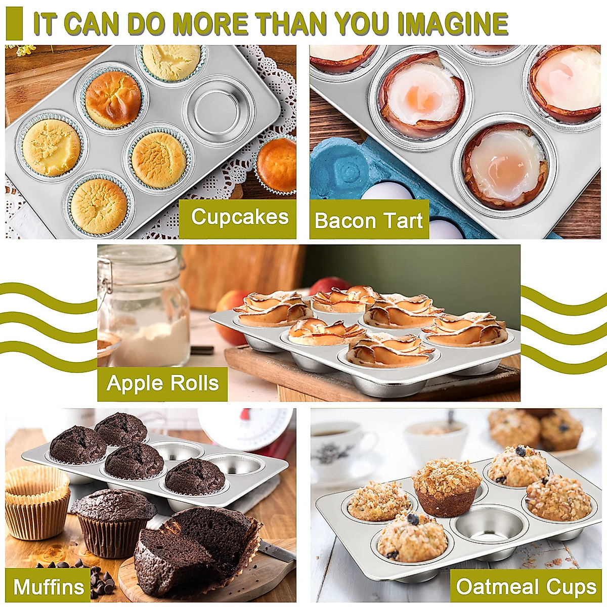 P&P CHEF Muffin Pan Cupcake Pans Set of 2, Stainless Steel Muffin Pans (6-Cups), For Mini Brownie Tart Quiches, Healthy & Durable, Quick Release & Easy Clean, Dishwasher Safe