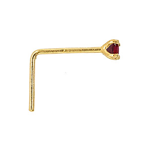 22G Solid 14Kt Gold L-Shape Nose Stud with real Ruby Gemstone, 14kt Yellow Gold or 14kt White Gold Prong Setting - July Birthstone Nose Ring-LSYG_RB-2MM