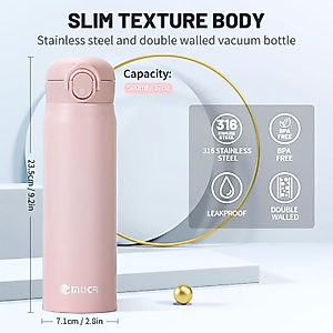 MUCR 17 oz / 500 ml Insulated Water Bottle, Stainless Steel Thermo Coffee Travel Mug, Thermal Cup with Snap Flip Lid, BPA Free for Hot and Cold Drinking, Pink