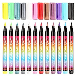 ARTDINGD Acrylic Paint Pens Brush Tip, 12 Colors Markers for Rock Painting, Calligraphy, Scrapbooking, Lettering, Card Making, Sketching, Black Paper, DIY Photo Album