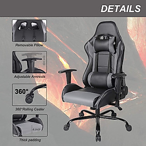 Office Chair Ergonomic Gaming Chair Computer Desk Chair Reclining Video Game Chair High Back PU Leather Executive Swivel Chair with Adjustable Armrests, Headrest and Lumbar Support