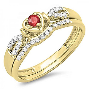 Dazzlingrock Collection 10K Ruby & White Diamond Heart Shaped Wedding Ring Set, Yellow Gold, Size 7