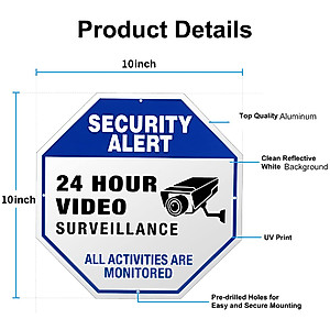 Video Surveillance Signs, Aluminum 10" x 10" Outdoor Security camera Signs for Property, Metal Reflective Warning Sign for Home Business CCTV Security Camera - 2 Pack
