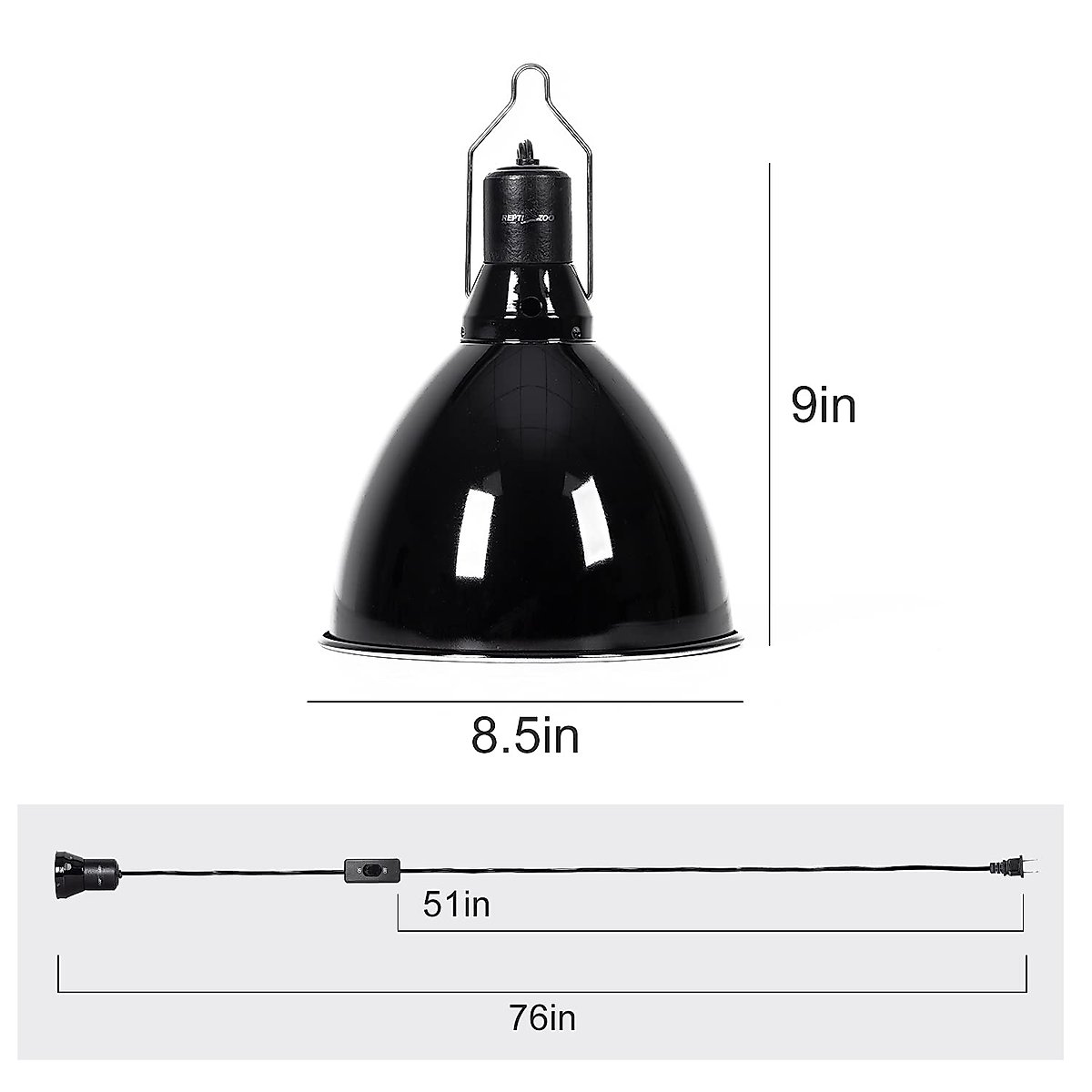 REPTI ZOO 8.5 inch Reptile Light Fixture 200W 2 in 1 E26 Base with Removable Ceramic Socket with On Off Toggle Switch in Black,Aquarium Dome Reptile UVB Light Socket Fixture (without Bulbs)