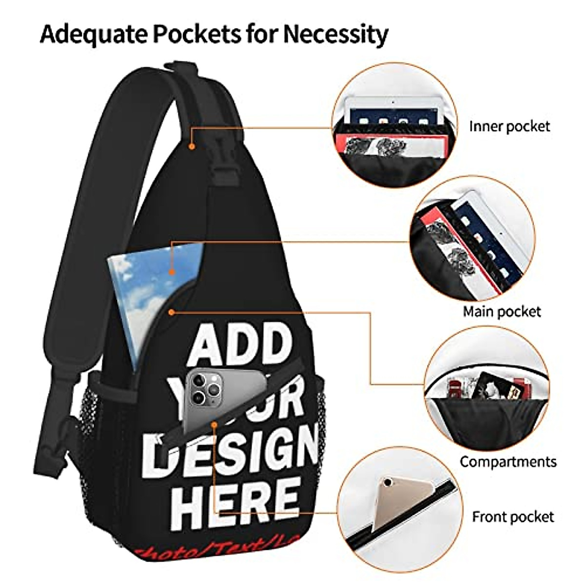 Custom Bag Sling Crossbody Bags Chest For Men Women Customize Personalized Shoulder Backpack Travel Hiking Daypacks With Text Image Daypack Casual Backpack, Black-3, 15.3x7.2x3.5 in