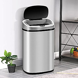 R/E Kitchen Trash Can Garbage Can Stainless Steel Trash Can with Lid 13 Gallon High-Capacity Touchless Trash Can Automatic Garbage Can Fingerprint-Proof for Office Bedroom Bathroom