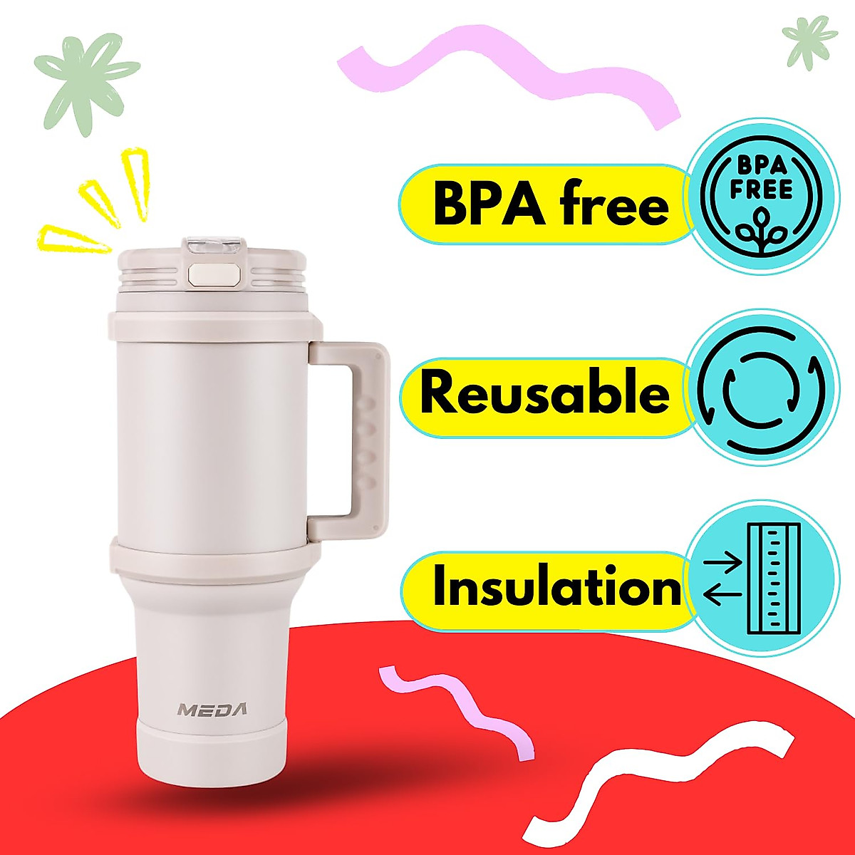 MEDA 40 oz Tumbler with Foldable Handle – Insulated, Reusable Stainless Steel Travel Coffee Mug – Perfect for Travel, Water, Iced Tea, Coffee – Ideal Easter Gift (Cream)