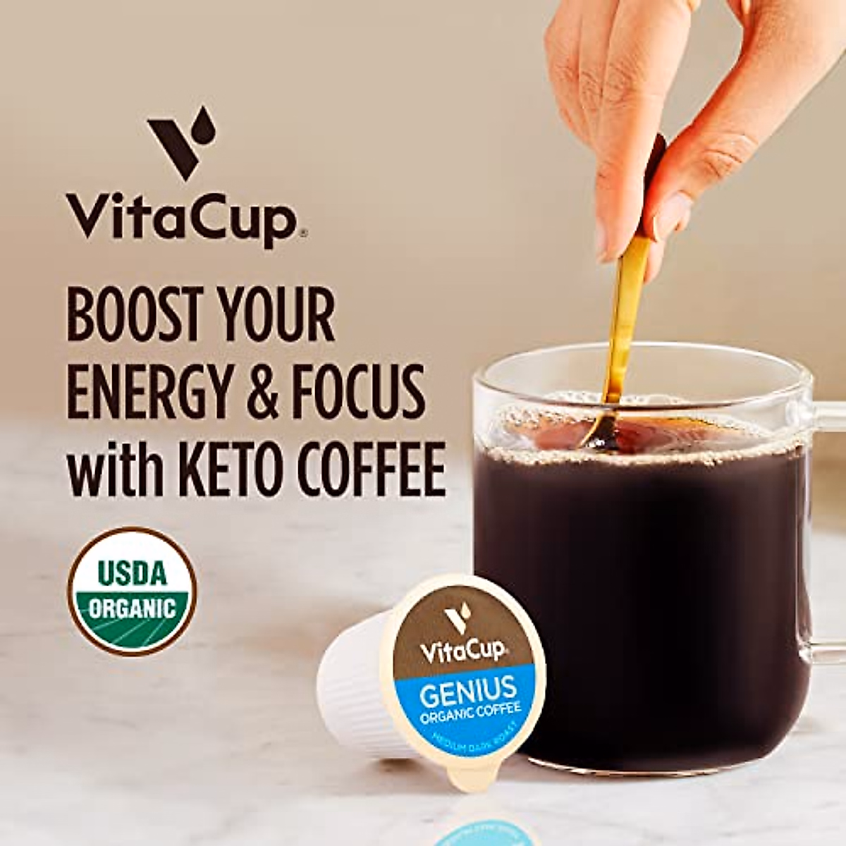 VitaCup USDA Organic Genius Keto Coffee Pods, Gold Label, Increase Energy & Focus with MCT Oil, Turmeric, B Vitamins, D3, Recyclable Single Serve Pod Compatible with Keurig K-Cup Brewers,16 Ct