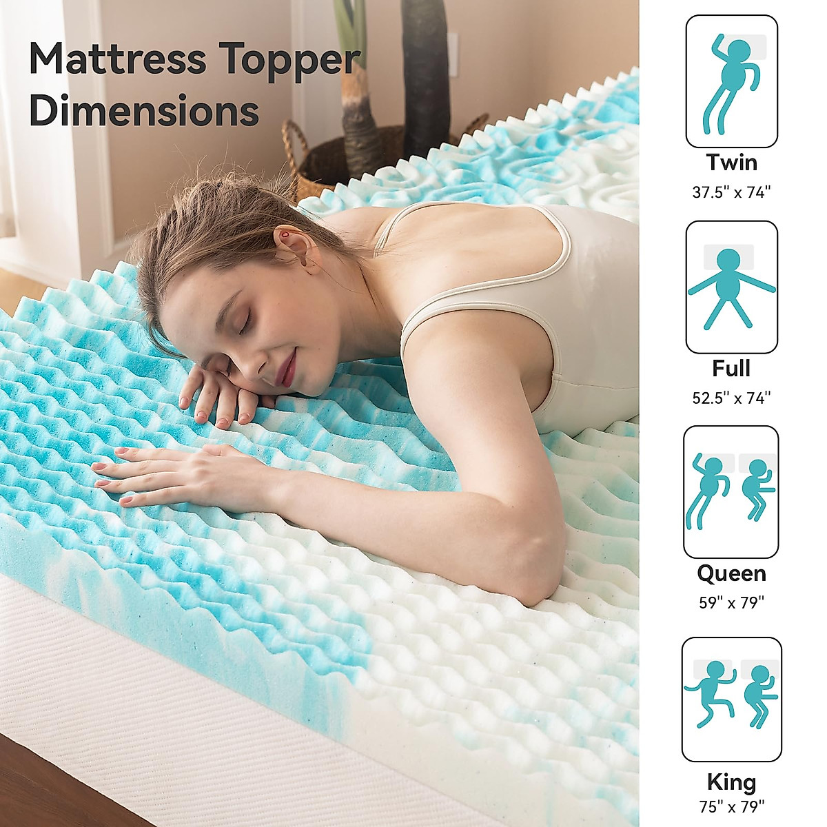 AMICLIBER 2 Inch 5 Zone Memory Foam Mattress Topper Full Size, Comfortable Mattress Topper for Back Pain Relief, Gel Infused Bed Topper, Blue