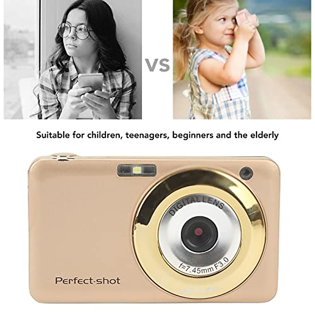 Akozon Children Digital Camera, 2.7in Camera 48MP High Definition Camera 8X Optical Zoom Digital Camera for Children Beginners (Gold)