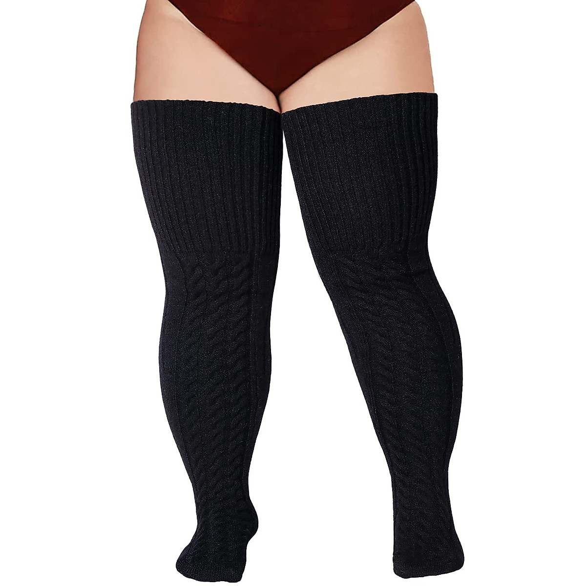 Wool Plus Size Thigh High Socks For Thick Thighs- Extra Long Womens Warm Cable Knit Over Knee Stockings Leg Warmers Black