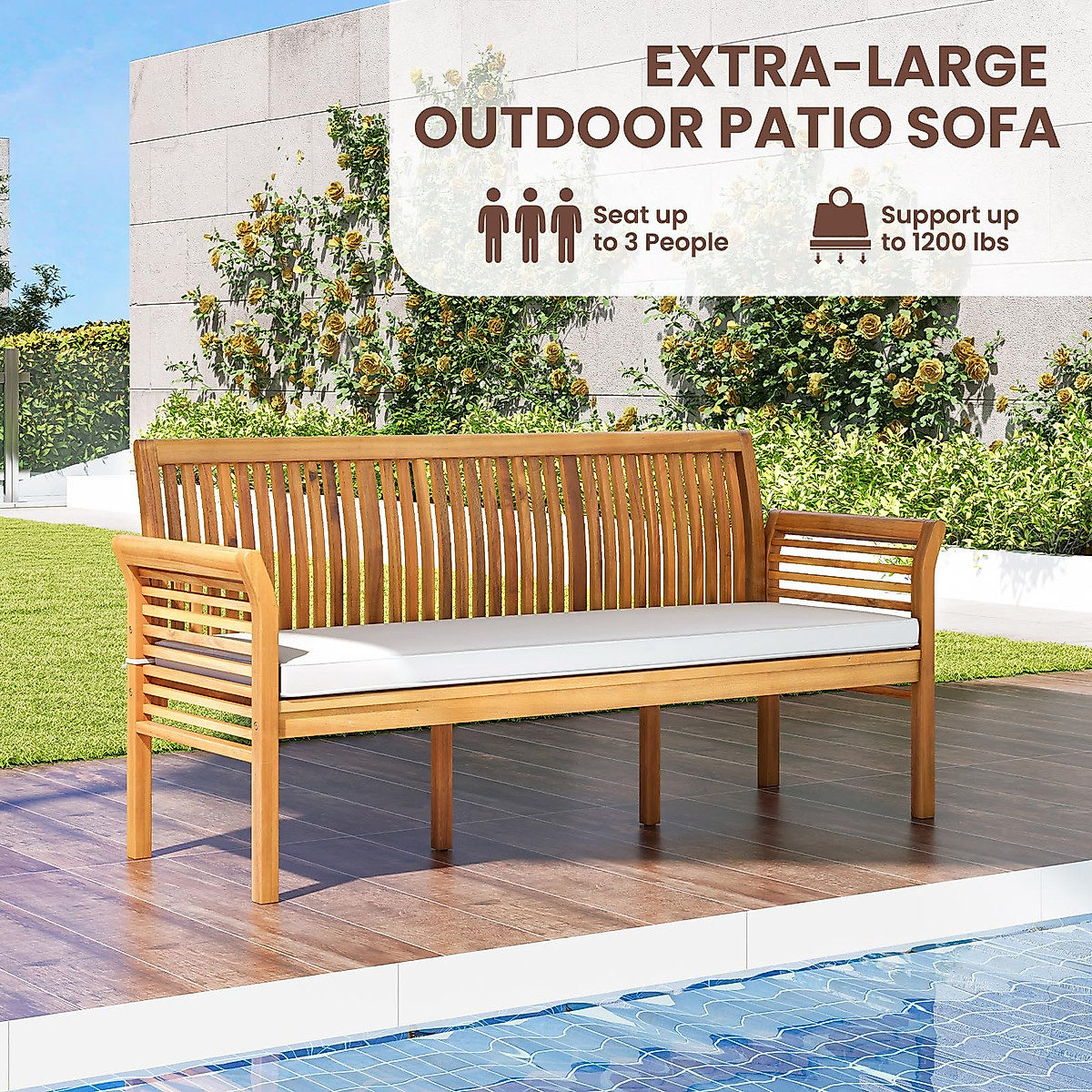 RELAX4LIFE 62.5’’ Outdoor Bench Acacia Wood - 3-Person Patio Bench w/Backrest, Armrests & Removable Seat Cushion, Slatted Wooden Garden Bench for Front Porch Park Backyard, 1200 LBS Weight Capacity
