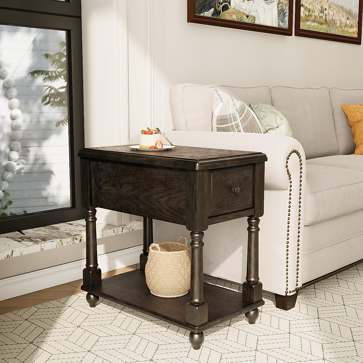 LEEMTORIG Narrow End Table with Drawer, Solid Wood 2 Tier End Side Table with Storage Shelves, Slim Nightstand for Small Spaces, Living Room, Bedroom, Easy Assembly, Rustic Black BBJ-004-BK