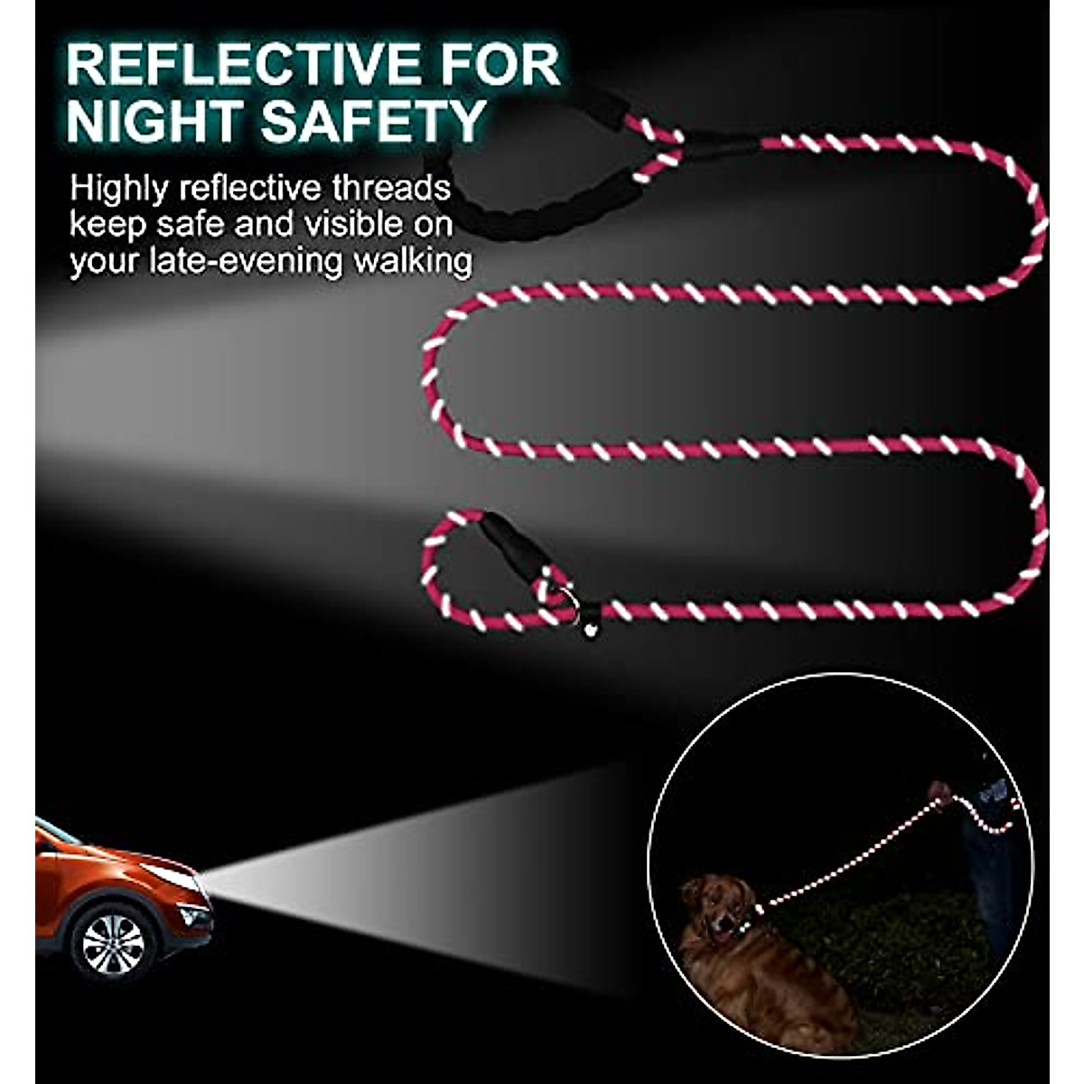 TagME Slip Leads for Dogs, 6 FT Heavy Duty Dog Leash with Padded Handle, Strong Rope No Pull Pet Training Leash for Small Dogs,Hot Pink