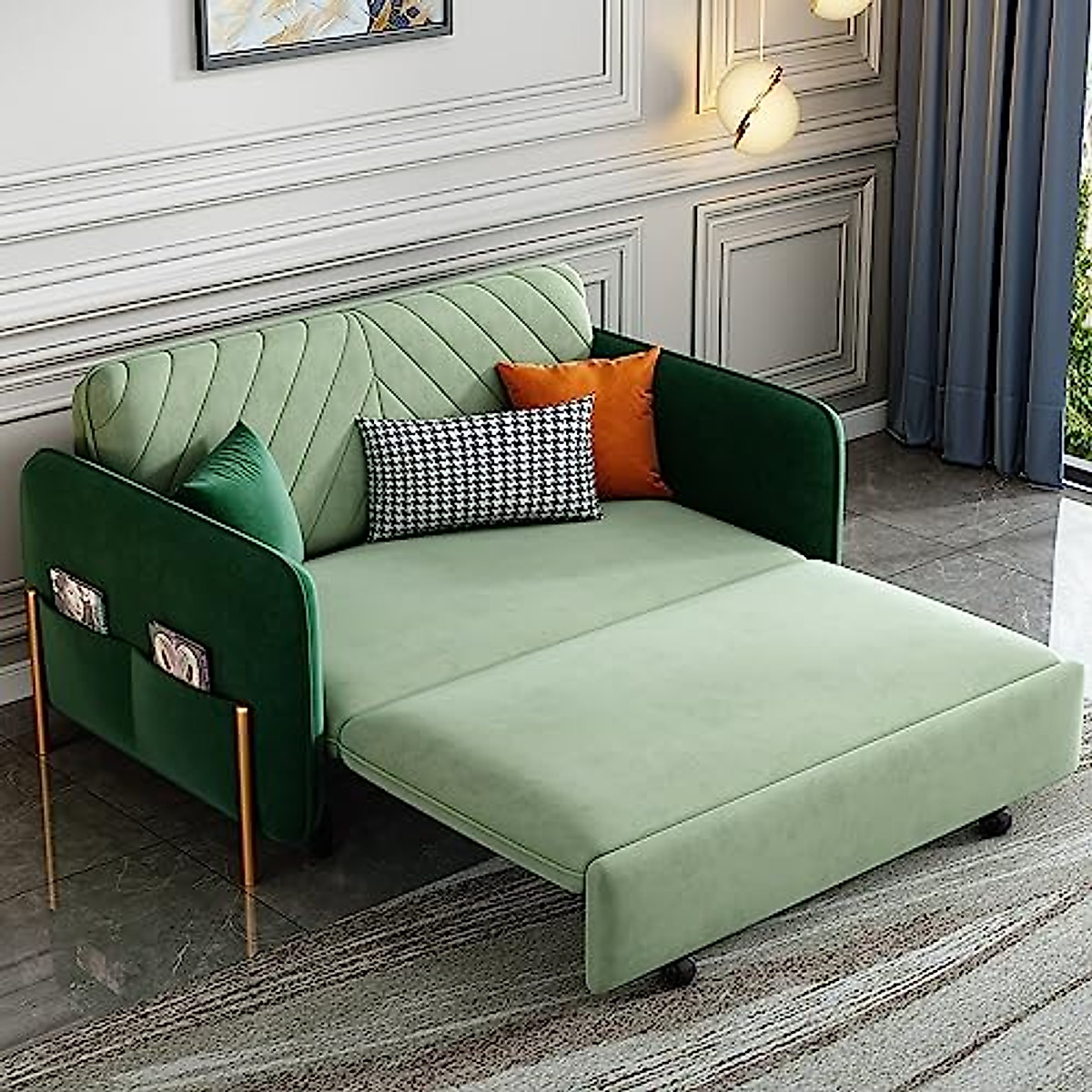 comfor u 53.5" Full Sleeper Sofa Green Upholstered Convertible Sofa Bed 3 in 1 Sleeper Sofa Couch Bed, Small Tufted Velvet Convertible Loveseat Futon Sofa w/Pullout Bed, Multi-Pockets for Living Room