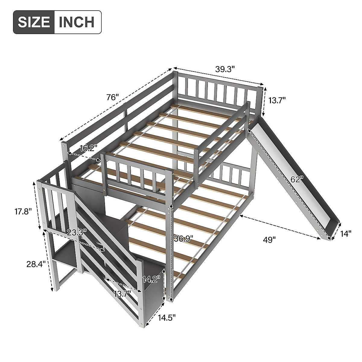 Twin Over Twin Bunk Bed with Slide and Storage Staircase, Twin Size Bunk Bed for Kids, Teens, No Box Spring Needed (Gray, Twin Over Twin)