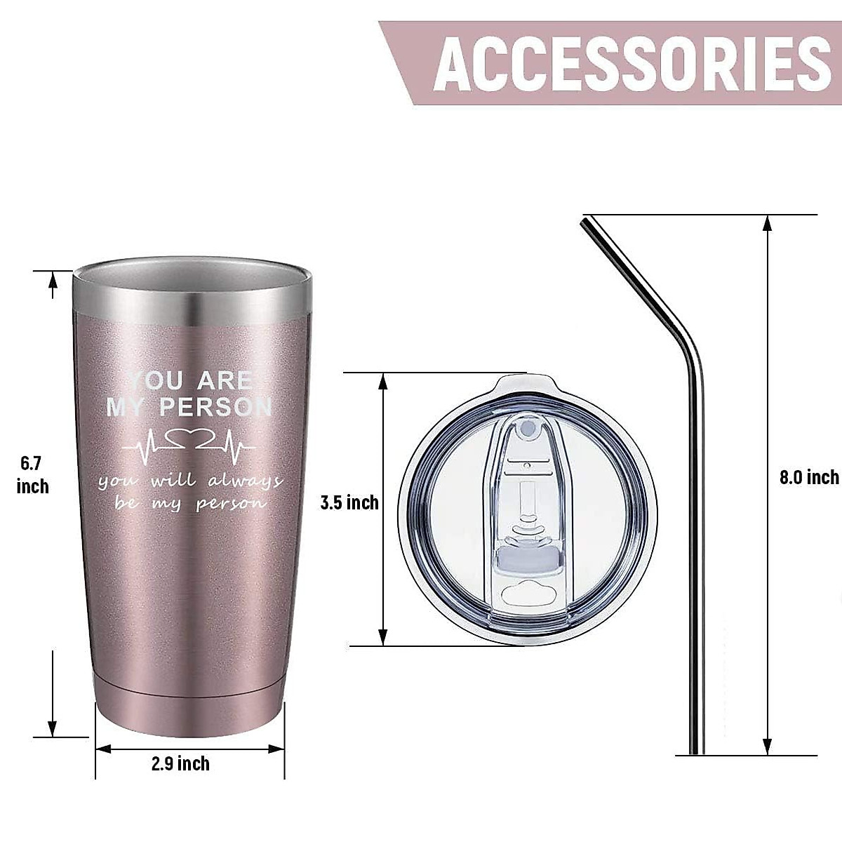ATHAND Greys Anatomy Stainless Steel Tumbler with Straws Lid 20oz - You Are My Person Rose Gold Vacuum Insulated Tumbler Coffee Cup Double Wall Large Travel Mug-Brirthday Gifts for Her Women,1 Pcs