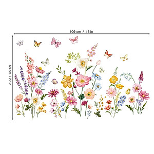 decalmile Flower Wall Decals Daisy Wildflower Grass Butterflies Wall Stickers Girls Bedroom Living Room Home Office Wall Decor