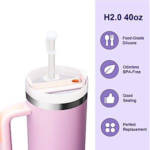 2 Pack Stanley Lid Replacement 40 oz Tumbler with Handle for Stanley Cup 2.0 Version - 6 Pcs Extra Long Reusable Straws & H2.0 Silicone Spill Proof Stopper - Spill Resistant Covers 3 Set (Beige)