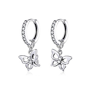 Cute CZ Butterfly Dangle Hoop Earrings for Women S925 Sterling Silver with Charms Huggie Hoops Crystal Drop Cartilage Filigree Jewelry Delicate Fashion Dainty for Dauther