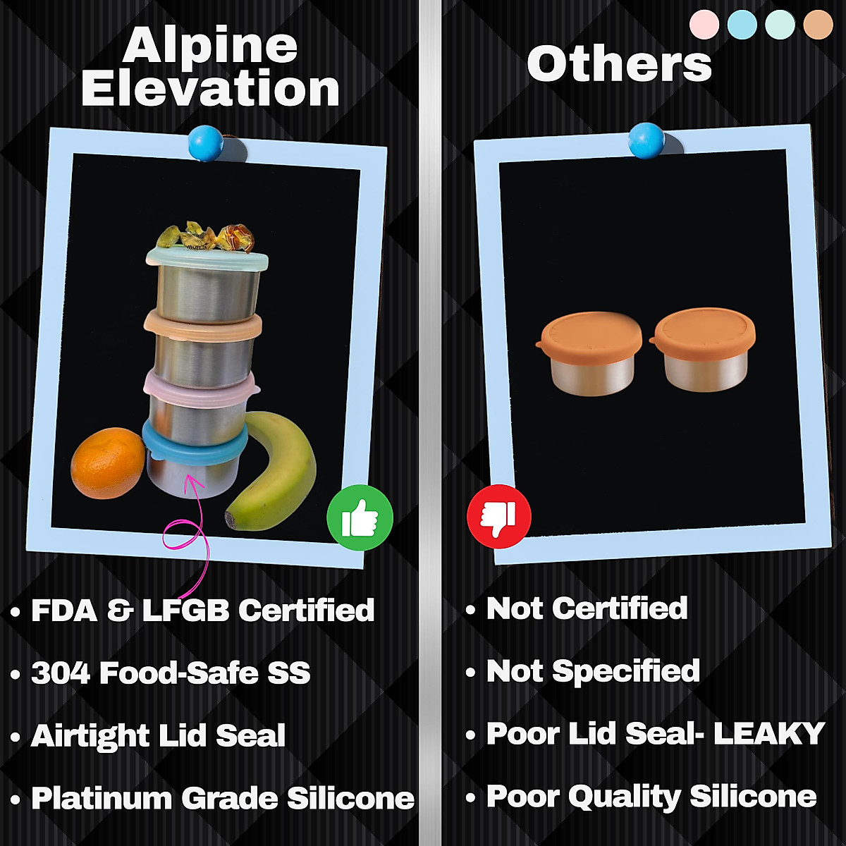 Alpine Elevation 4x7.4oz Stainless Steel Snack Containers with 4 Lids - 8pcs | Metal Food Storage Containers | Dip and Condiment Containers | Stainless Steel Mini Containers