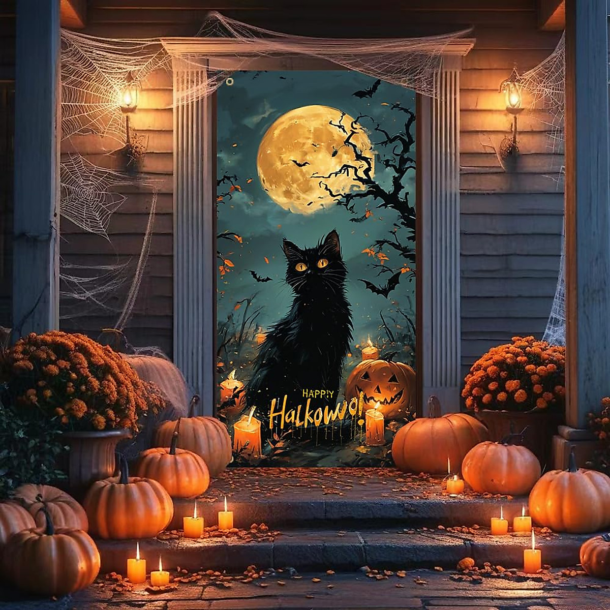 Halloween Door Cover Halloween Birthday Party Door Decorations Door scary window Banner 35.4 X 70.8 Inches Cat Theme Door Cover Halloween Birthday Decorations Sign Front Door for Halloween Party outdoor Supplies Decor (cat)
