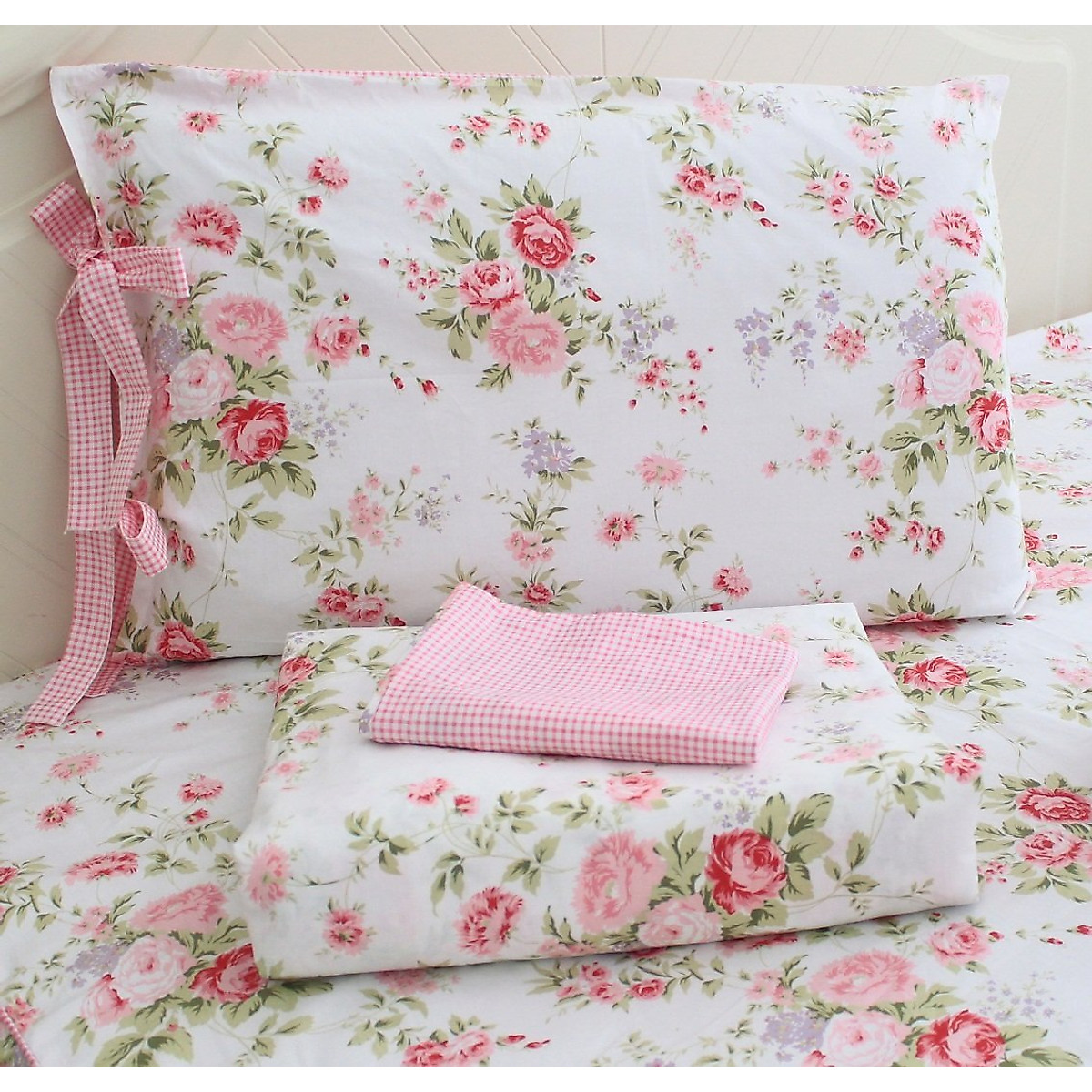 FADFAY 7Pcs Queen Size Premium Cotton Rose Floral Duvet Cover Sheets Set,1 Duvet Cover+1 Flat Sheet+1 Fitted Sheet+ 4 Shams