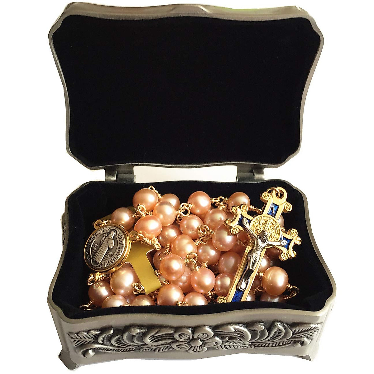 elegantmedical Pink 8mm Real Pearl BEADS St. Benedict GOLD ROSARY CROSS Necklace & box Catholic GIFTS