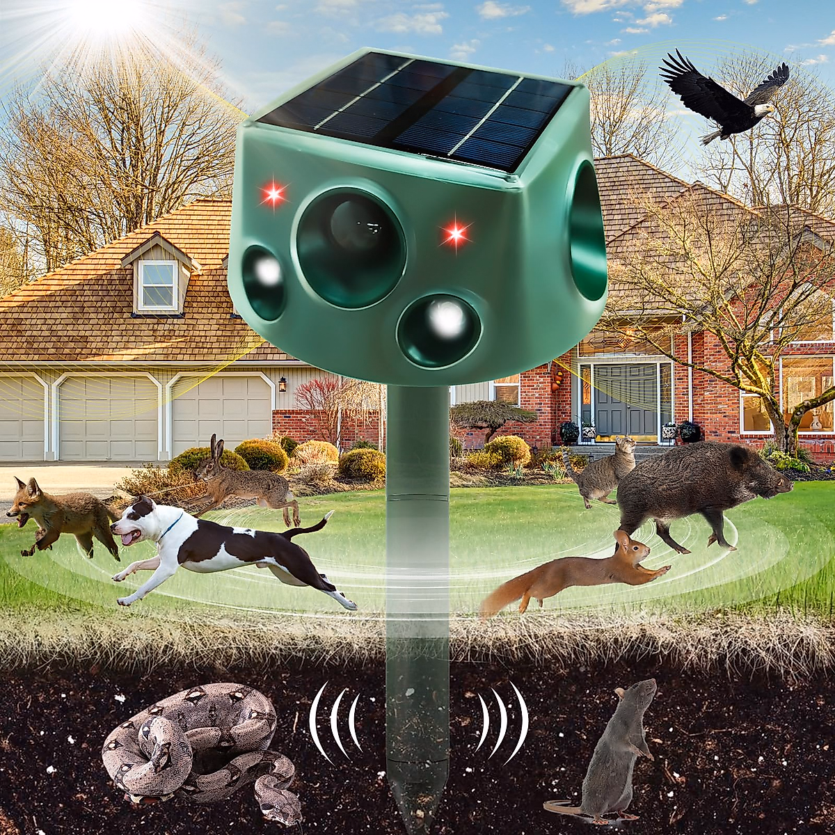 Ultrasonic Solar Animal Repeller for Yard, 3 Modes Outdoor Cat Squirrel Repellent with Motion Sensor & Flashing Light, 360° Animals Deterrent for Squirrel Bird Deer Cat Skunk Dog for Yard Garden
