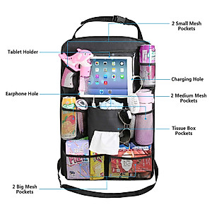Car Back Seat Organizer Foldable Car Storage Organizer Car Seat Back Protectors with Hole for USB/Headphone/Charging Kick Mats Back Seat Protector with Touch Screen Tablet Holder Tissue Box