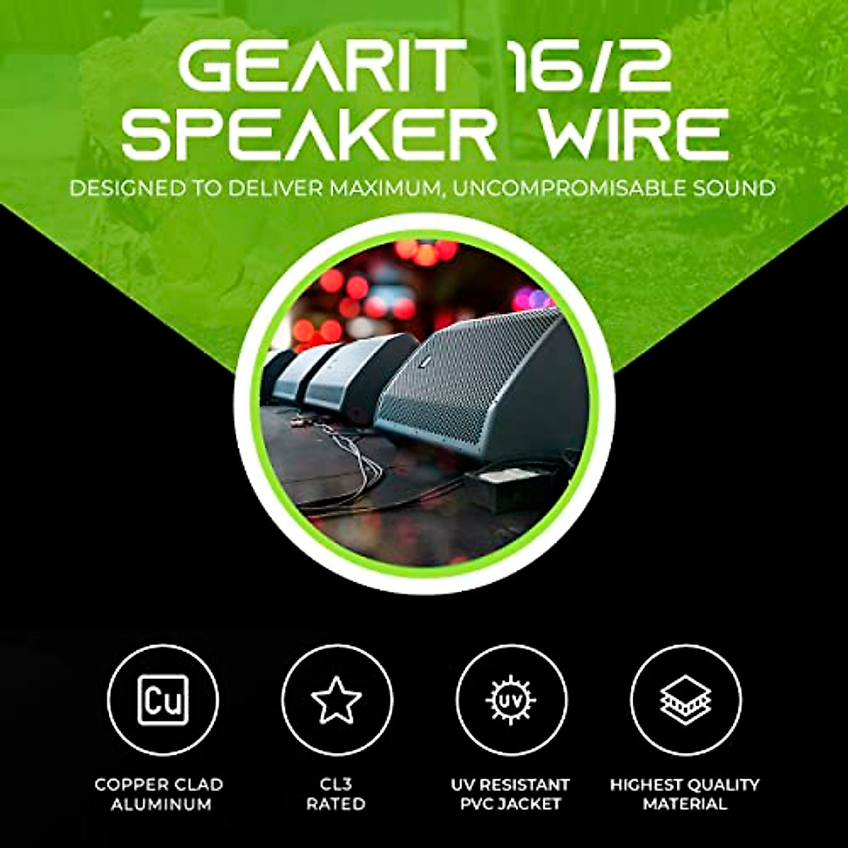 GearIT 16/2 Speaker Wire (100 Feet) 16 Gauge (Copper Clad Aluminum) - Outdoor Direct Burial in Ground/in Wall / CL3 CL2 Rated / 2 Conductors - CCA, Black 100ft