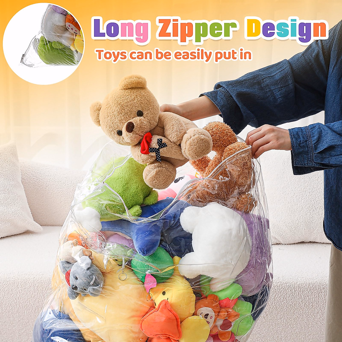 DoubleFill Clear Stuffed Animal Bean Bag Chair Sofa Cover for Kids Creative Waterproof PVC Soft Plush Toys Storage 50 x 35 x 30 inches Large Transparent Organizer for Toddler Children Rooms Cover Only