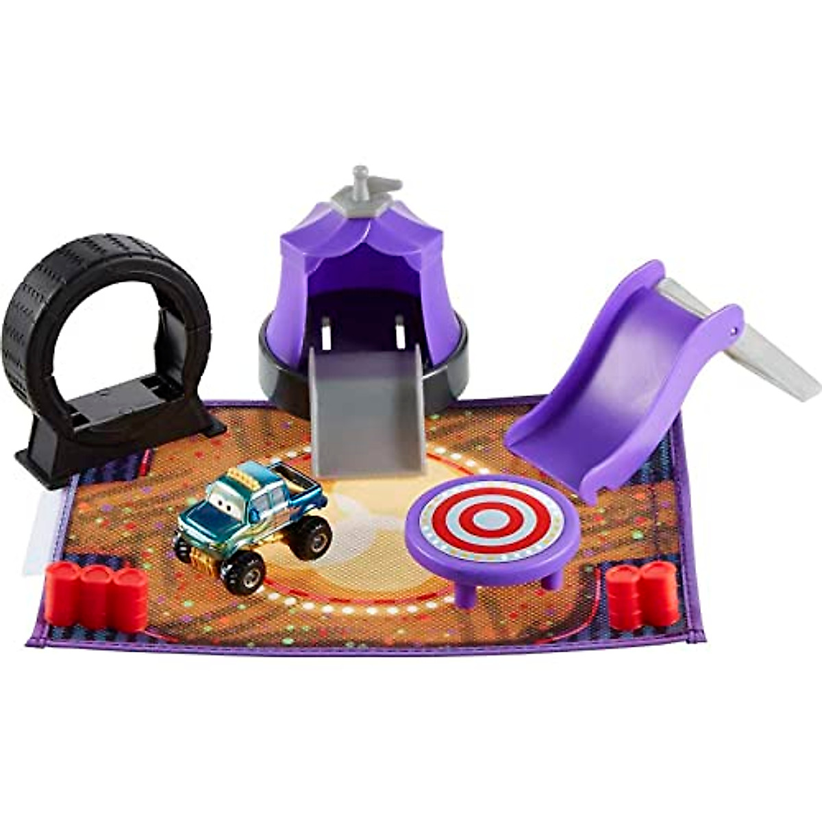 Mattel ​Disney and Pixar Cars Toys, Mini Racers On-the-Go Show Time Playset with 1 Mini Ivy Truck, Accessories & Portable Case