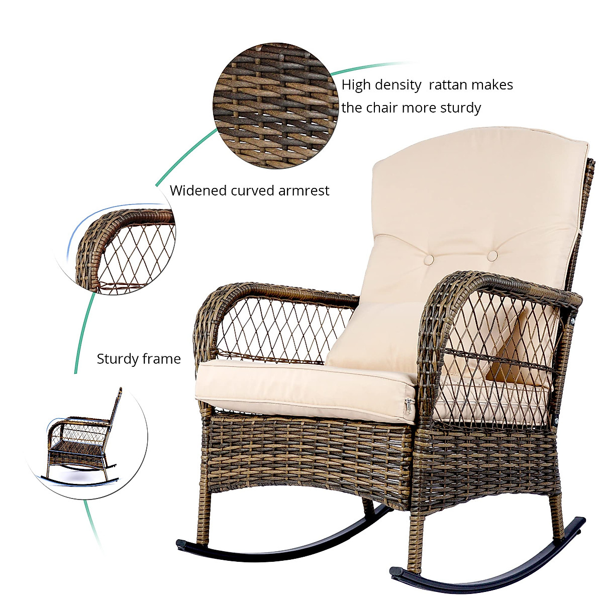 IBITION 3-Piece Outdoor Rocking Chairs Set of 2， Wicker Patio Furniture Modern Rattan Chair Conversation with Cushions & Glass Table for Garden,Backyard, Bistro(Khaki)